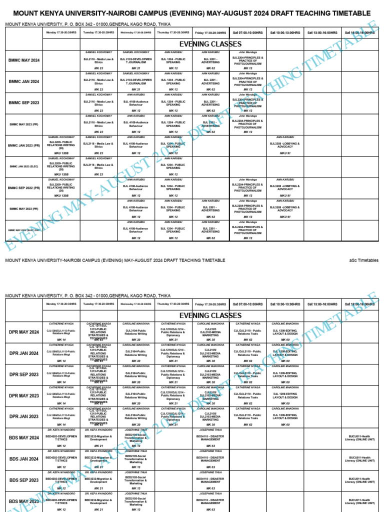 Evening May-August 2024 Draft Teaching Timetable | PDF | Writing | Communication
