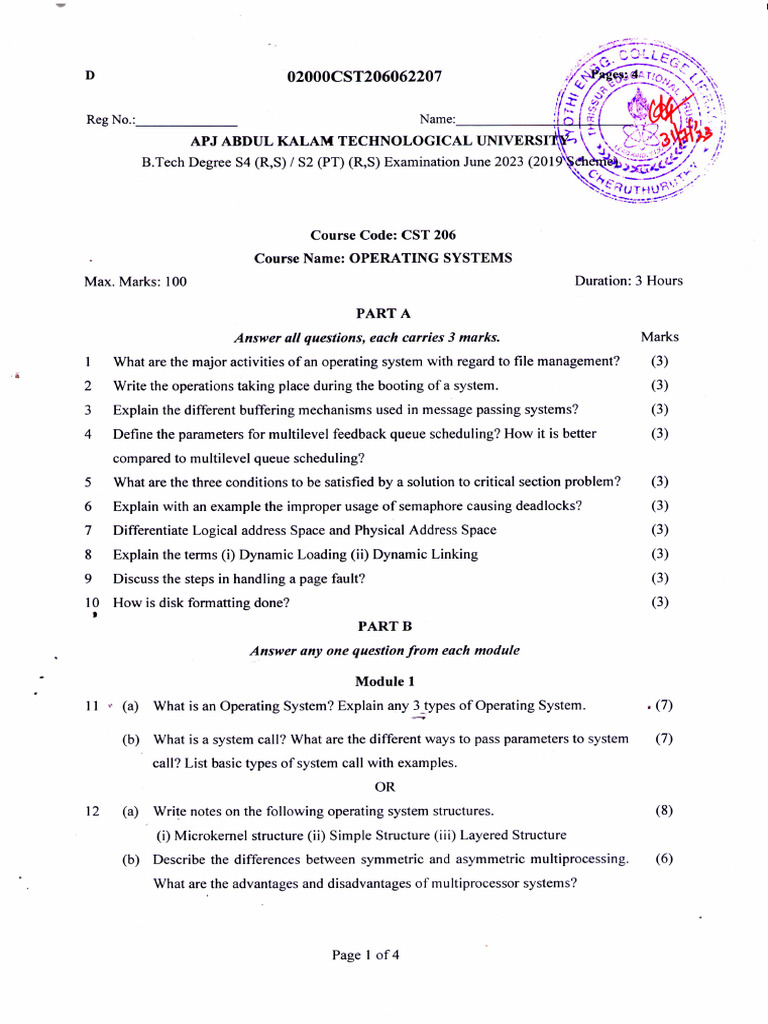 Cst206 Operating Systems, June 2023 | PDF | Thread (Computing) | Process (Computing)
