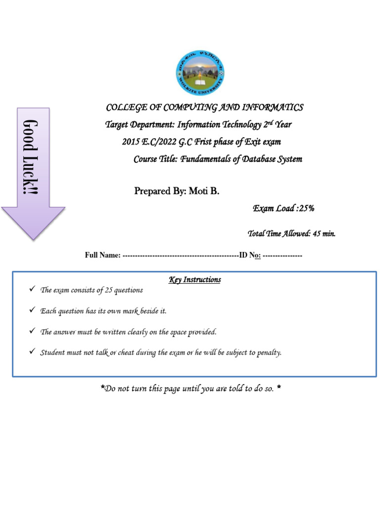 Exit Exam Fundamentals of Database System 1 3 | PDF | Databases | Relational Database