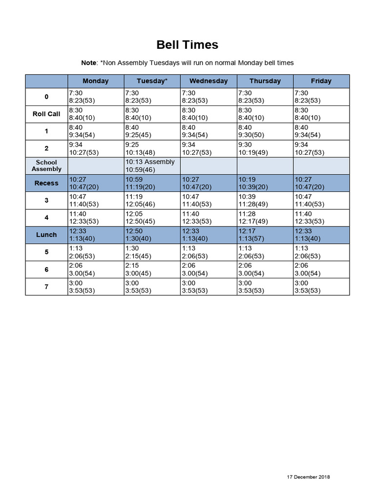Bell Times - Updated 17 - 12 - 18 | PDF