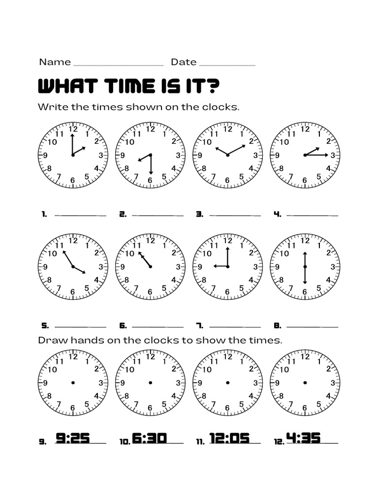 Black and White Telling Time Clocks Math Worksheet | PDF
