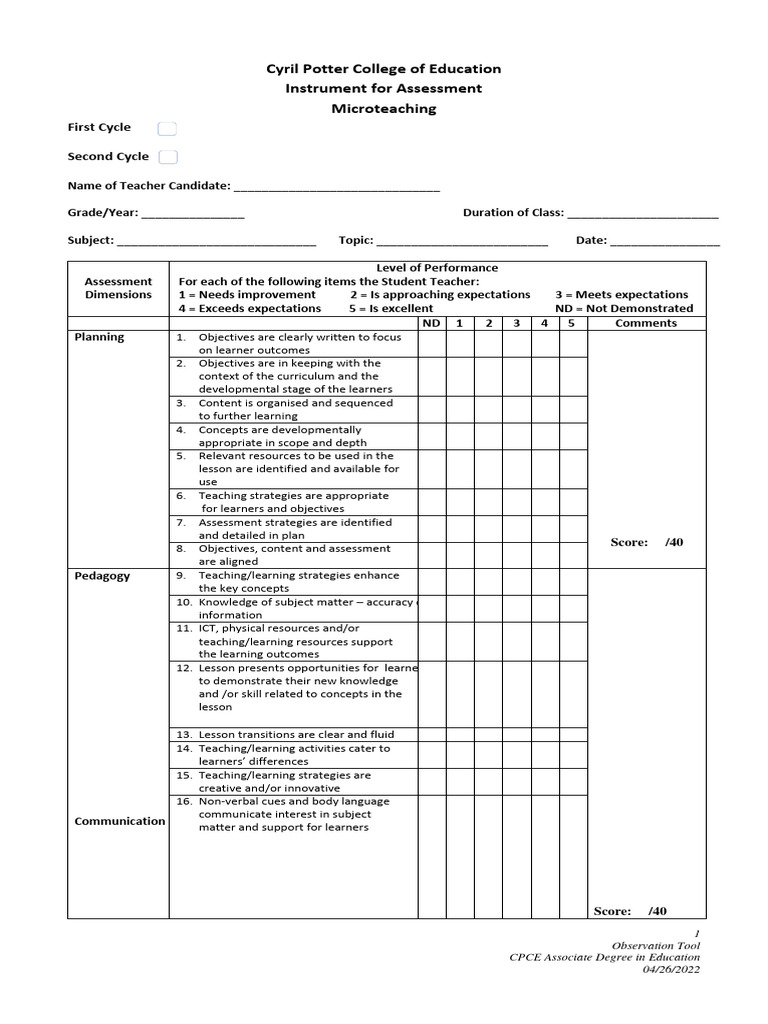 TP 121 Mirco Teaching Assessment Instrument | PDF | Educational Assessment | Learning