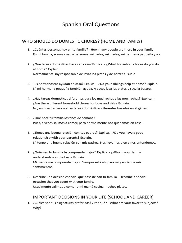 Spanish Oral Questions | PDF | Artes del Lenguaje y Comunicación ...