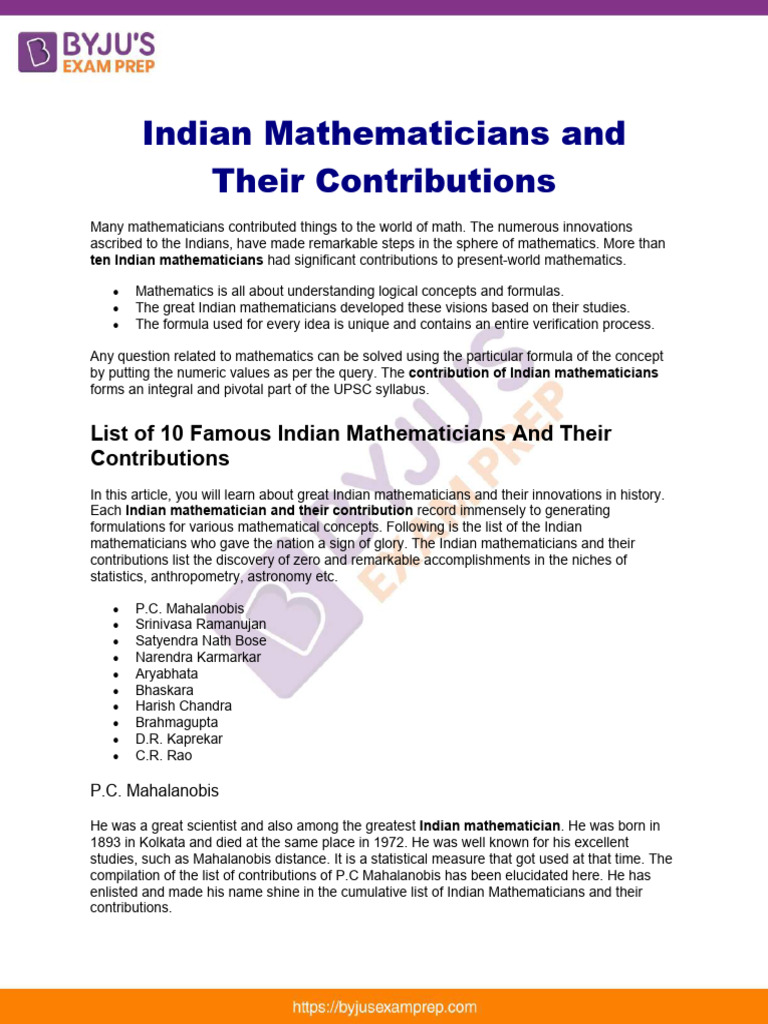 Indian Mathematicians and Their Contributions Upsc Notes 66 | PDF ...