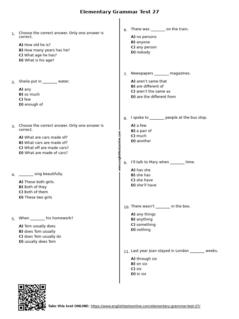 Elementary Grammar Quiz Answers | PDF