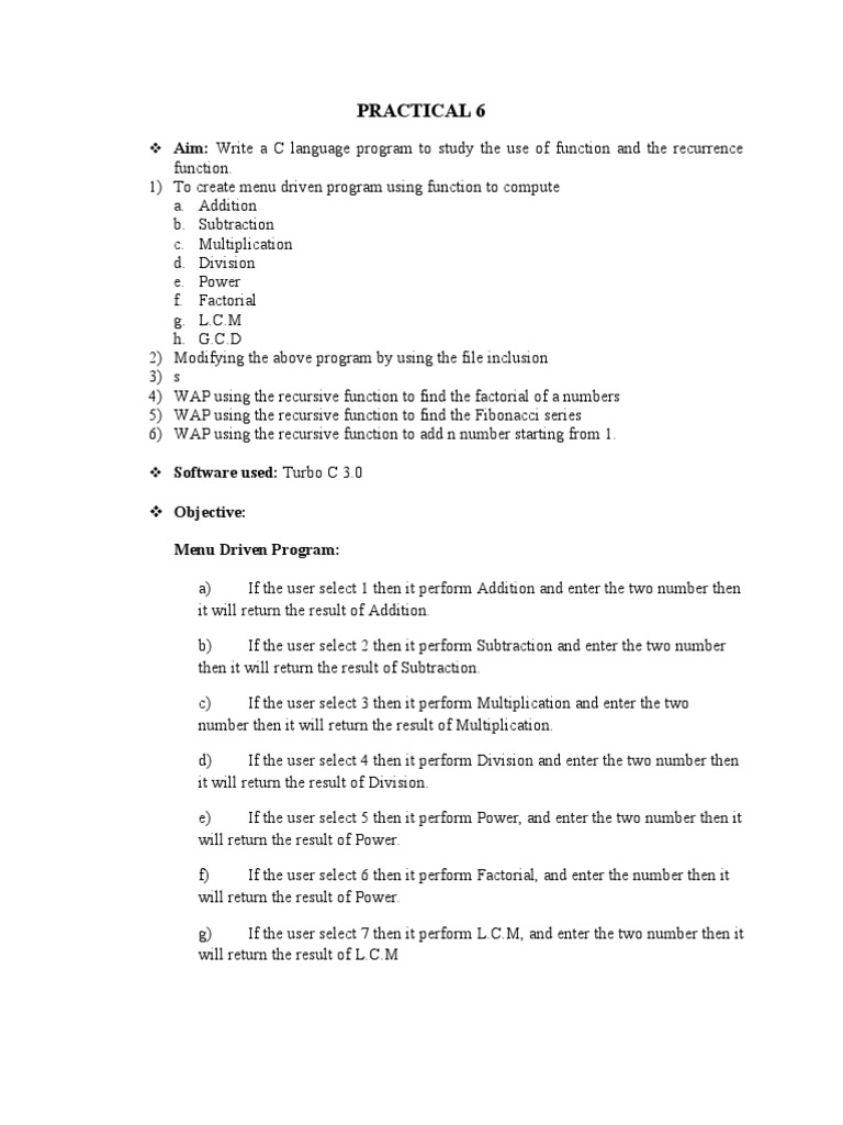 Practical 6: Aim: Write A C Language Program To Study The Use of Function and The Recurrence ...