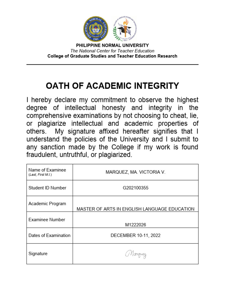 PNU Academic Integrity Oath Form | PDF