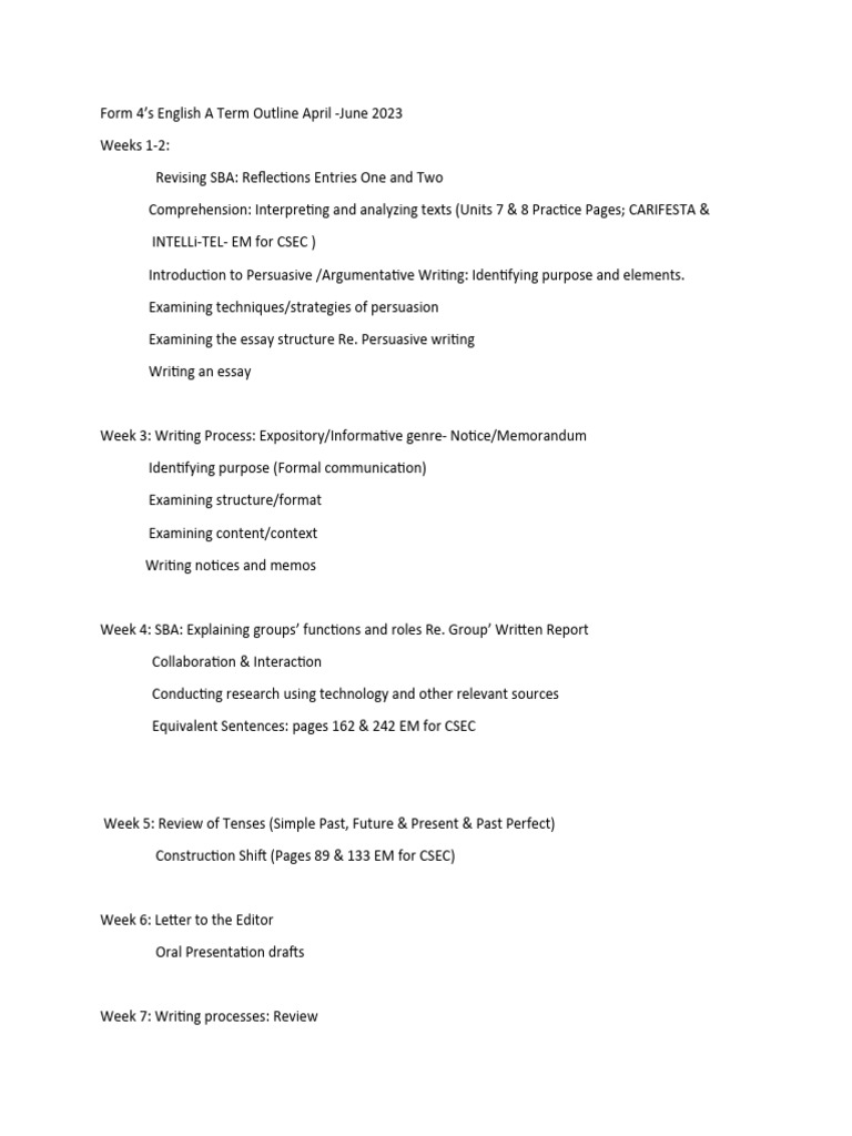 Form 4 English A Term 3 Outline 2023 | PDF | Language Arts & Discipline