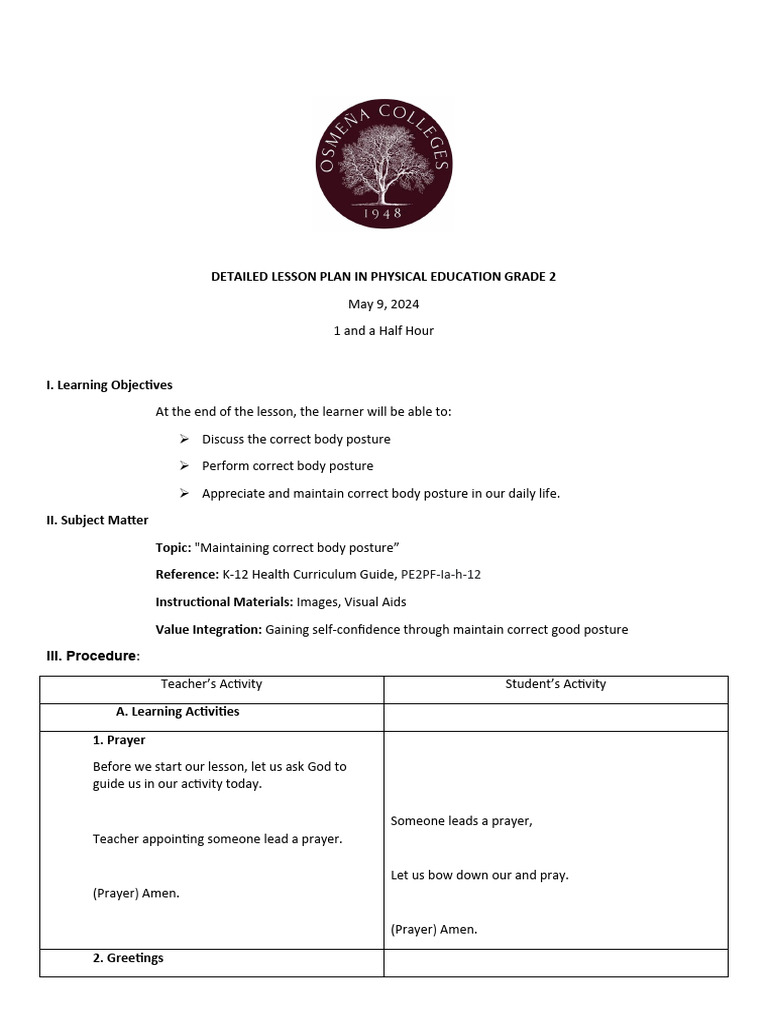 Detailed Lesson Plan in Physical Education Grade 2 Gerald | PDF ...