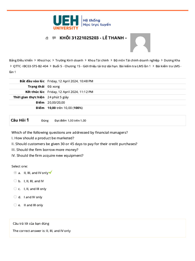 Bài Kiểm Tra LMS Lần 1 Xem Lại Bài Làm | PDF | Net Present Value ...