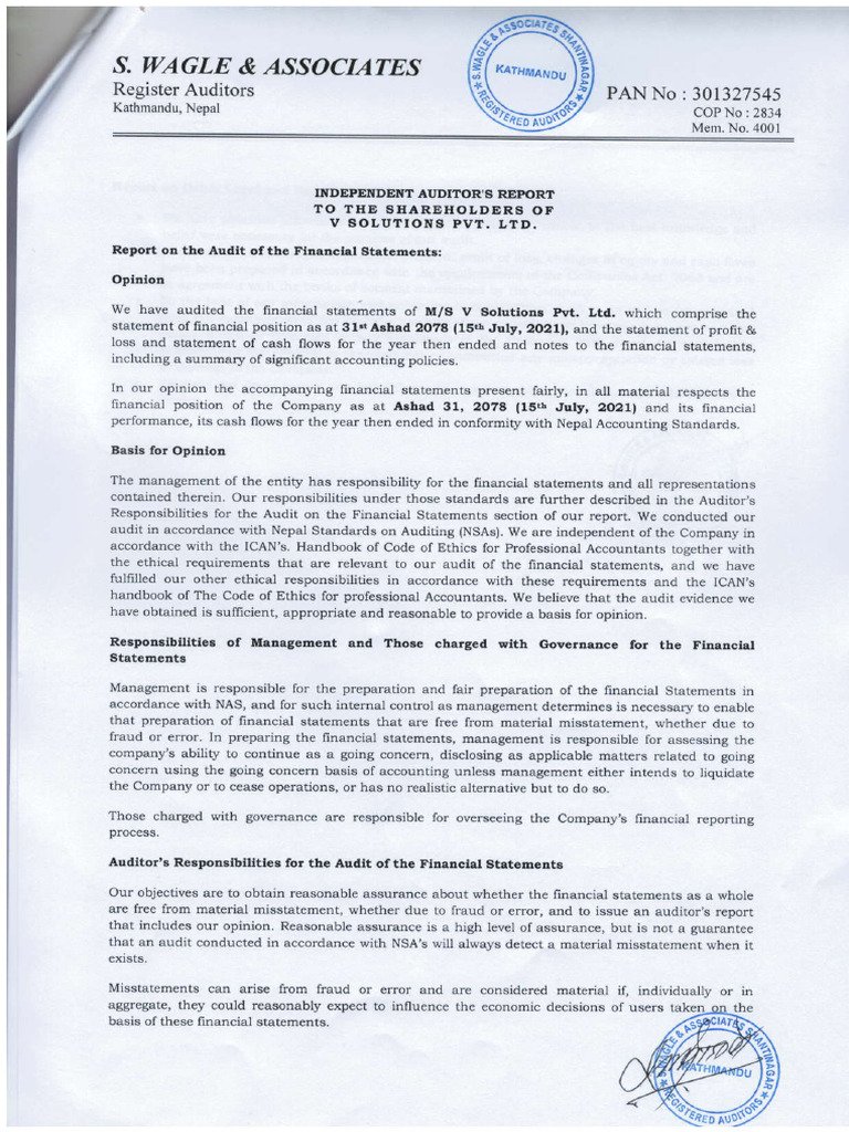 Independent Auditor's Report for V Solutions Pvt. Ltd. | PDF | Audit ...