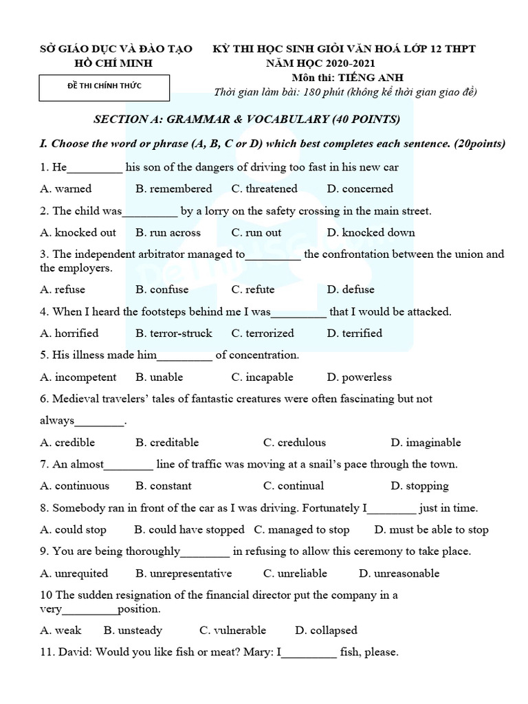 HSG 12 HCM 2020-2021 | PDF | English Language | Ecology