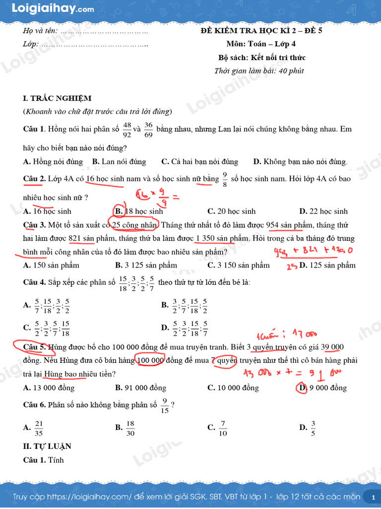 De Kiem Tra Hoc Ki 2 Toan 4 Ket Noi Tri Thuc de So 5 1712821820 | PDF