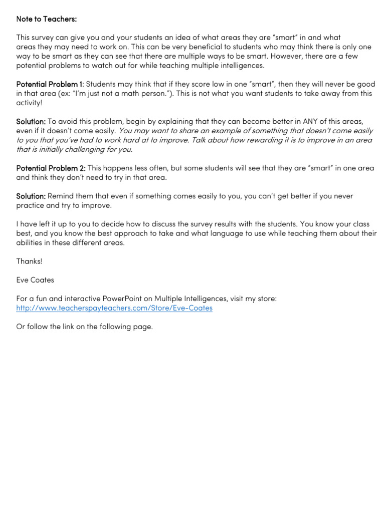 Understanding Multiple Intelligences Survey | PDF | Learning ...