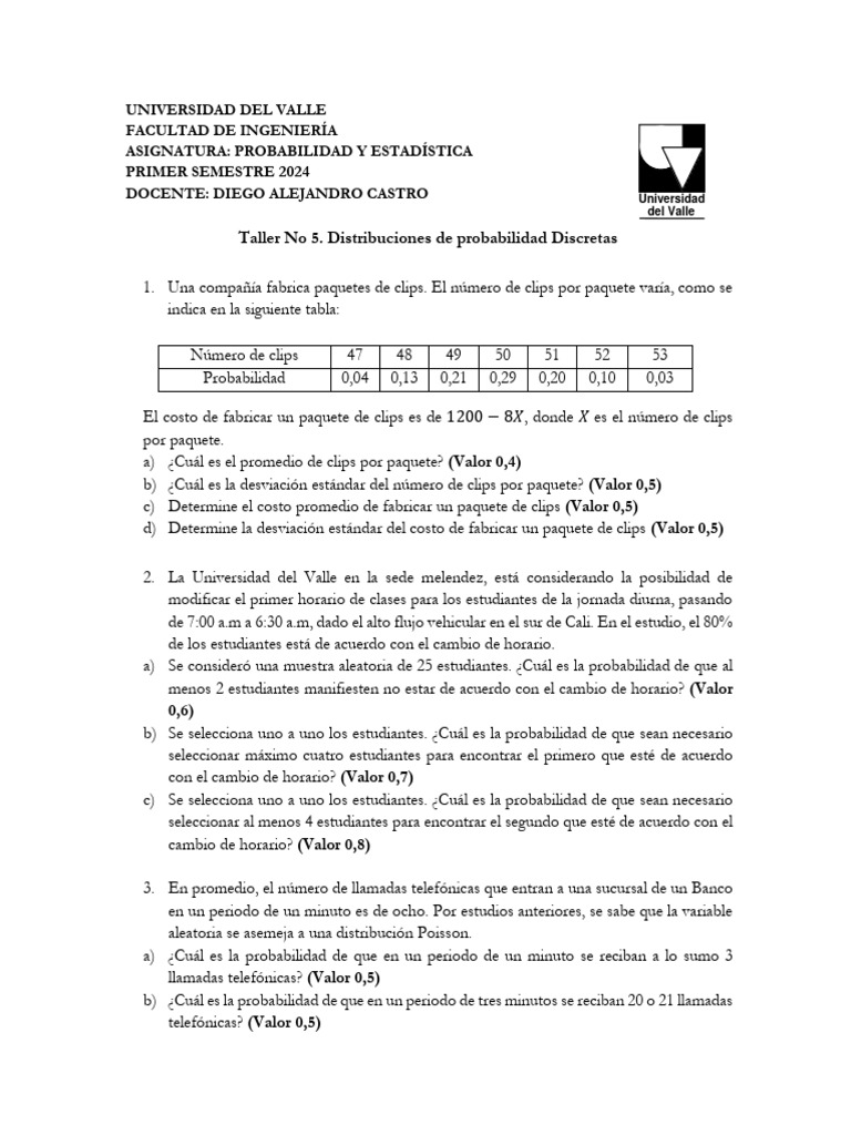 Taller No 5. Probabilidad y Estadística Melendez (2024) | Descargar gratis PDF | Teoría de la ...