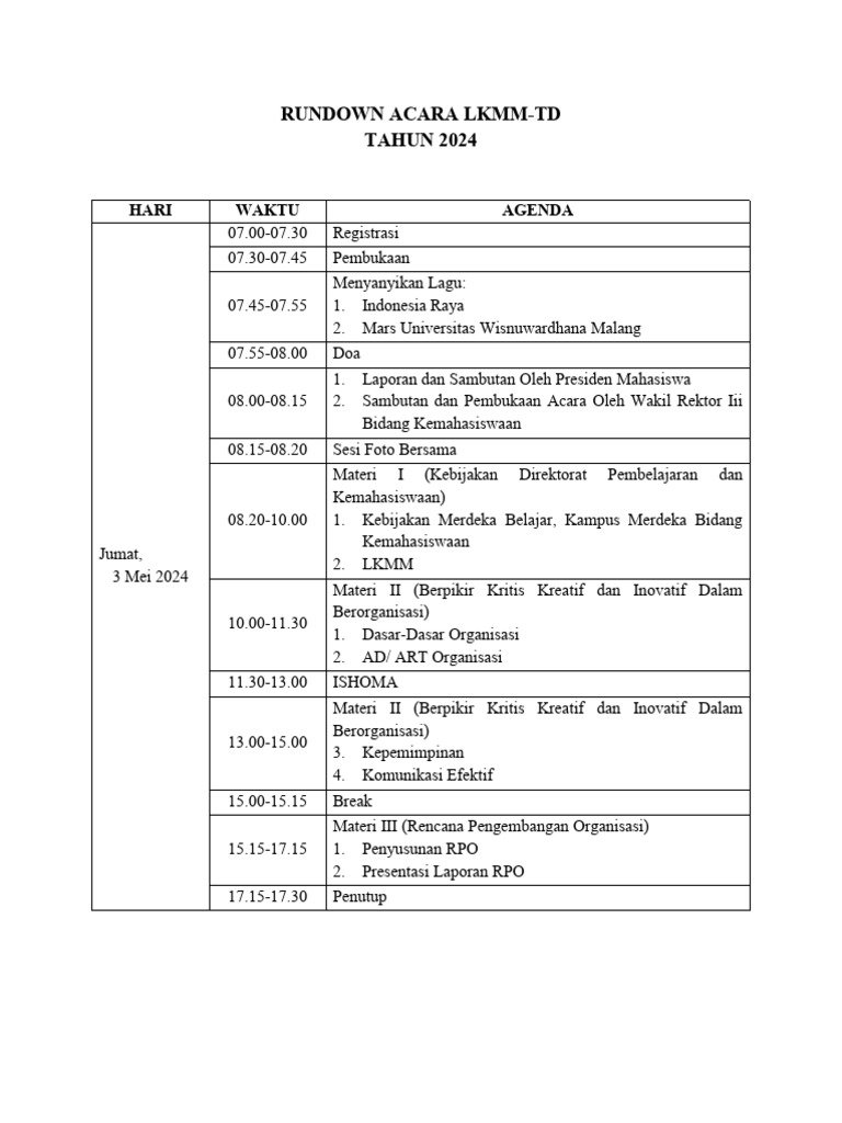 Rundown Acara LKMM-TD 2024 | PDF