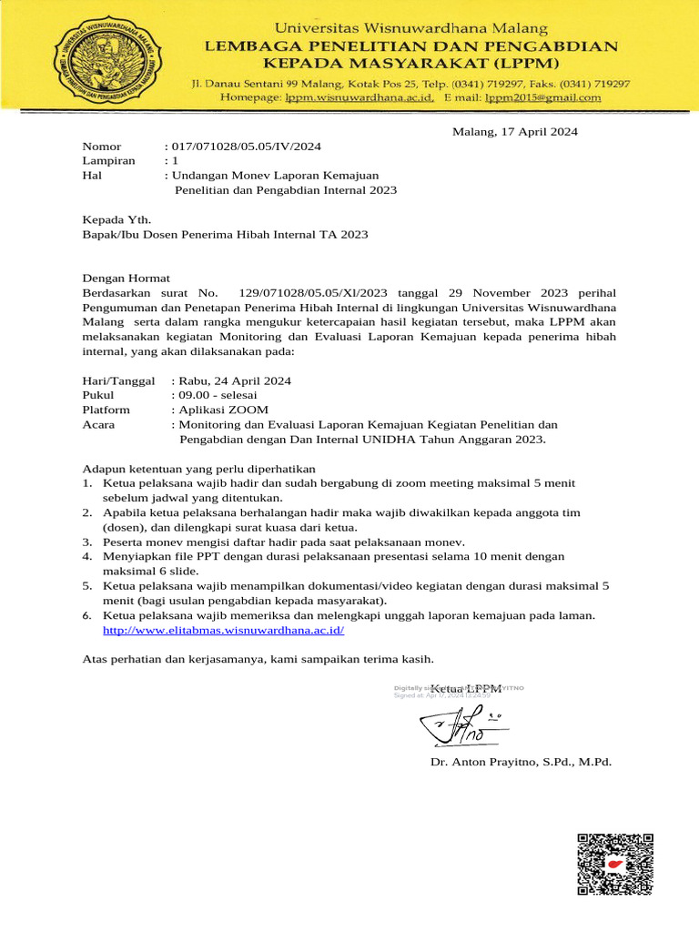 Undangan Monev Hibah Internal 2023 | PDF | Karier & Perkembangan