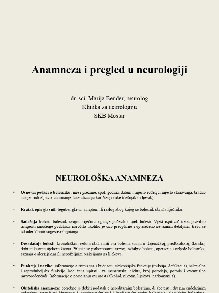 Anamneza I Pregled U Neurologiji | PDF