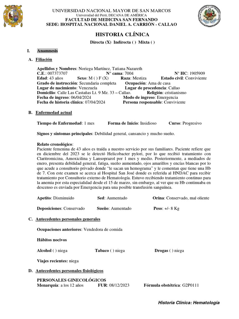 HISTORIA CLÍNICA. Hematología | PDF | Enfermedades y trastornos | Medicina