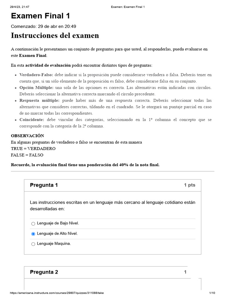 Examen Examen Final 1 | PDF | Lenguaje de programación | Programa de ...