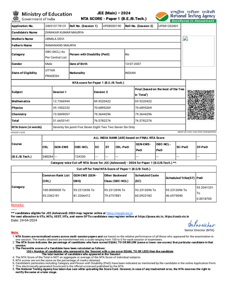 JEE Main 2024: Diwakar's Scorecard | PDF | Tests | Qualifications