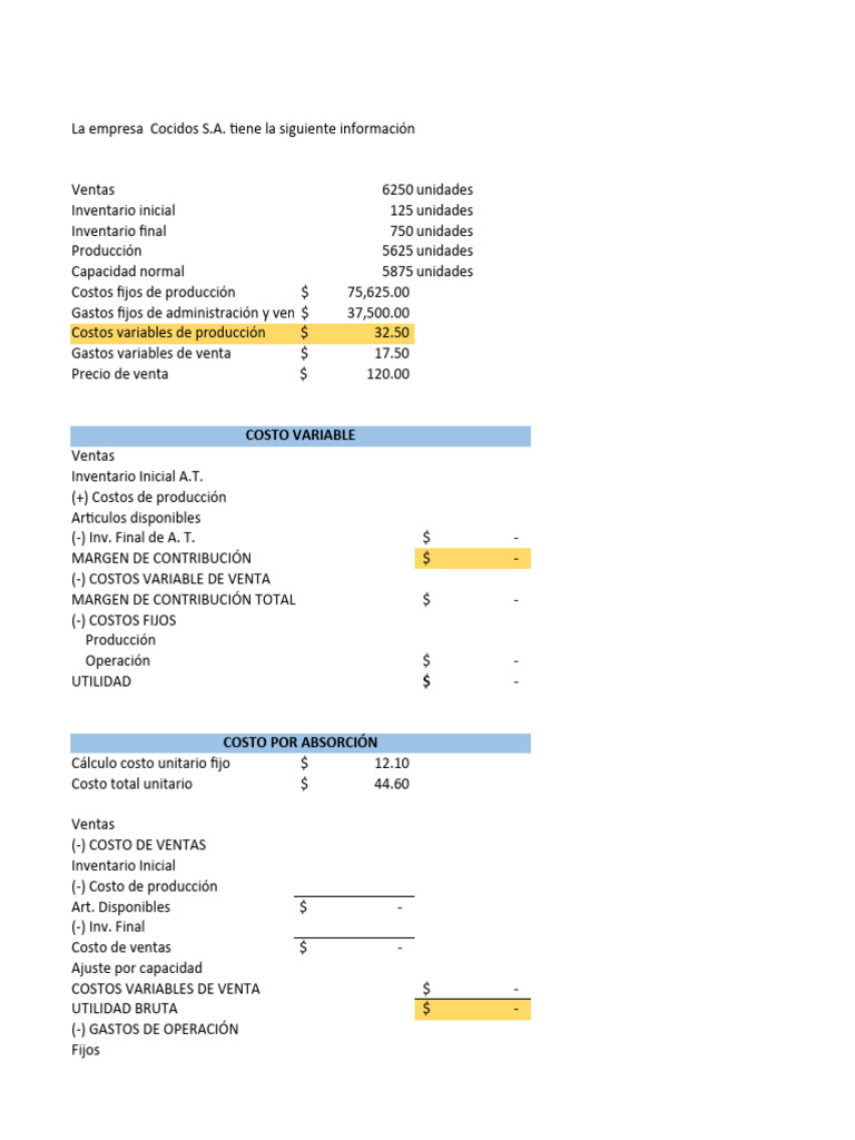 Ejercicio Costeo Directo vs. Absorción Por Resolver - Estudiante | PDF