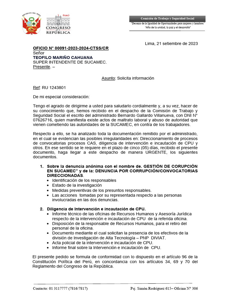 OFICIO 091 A SUCAMEC CON LOGO | PDF | Gobierno