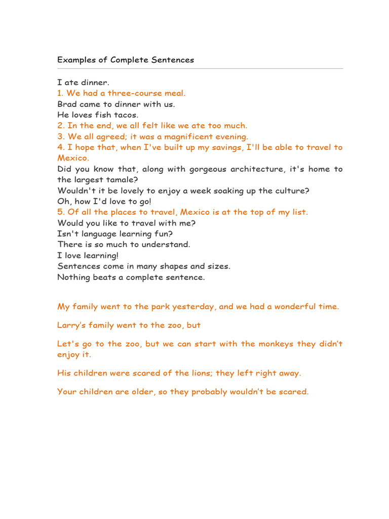 Examples of Complete Sentences | PDF