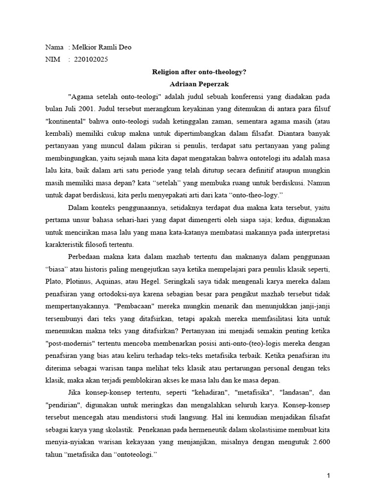 Agama dan Onto-Teologi: Analisis Peperzak | PDF | Ilmu Sosial | Filsafat