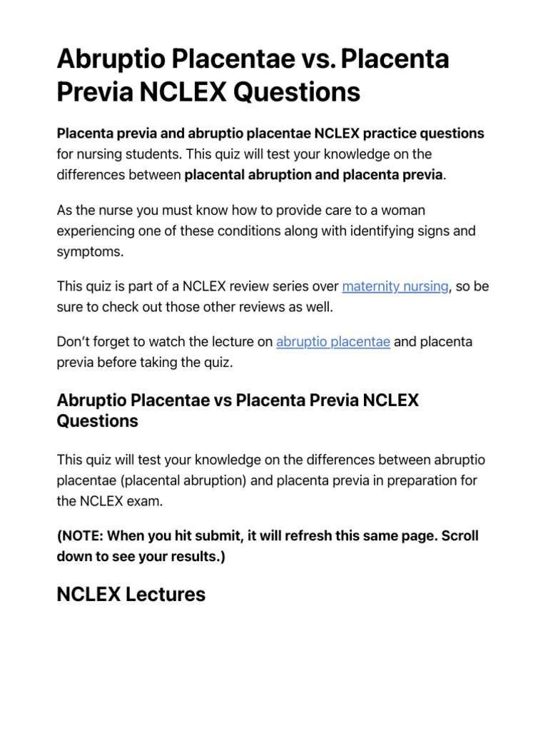Abruptio Placentae vs. Placenta Previa NCLEX Questions | PDF ...