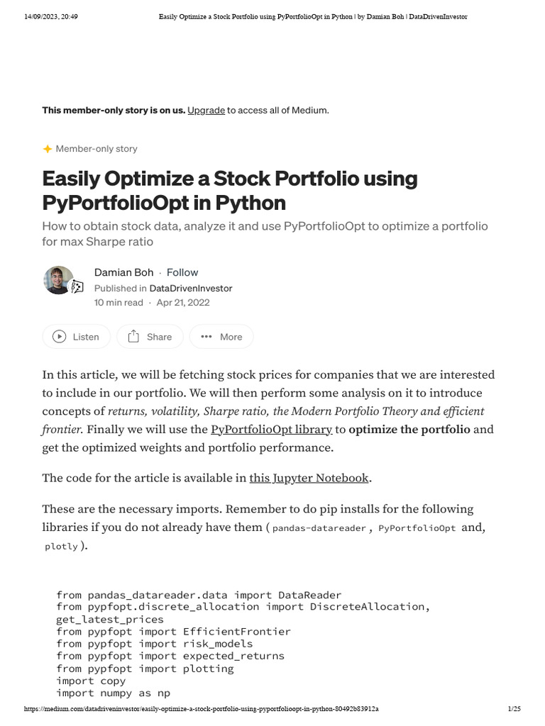 Easily Optimize A Stock Portfolio Using PyPortfolioOpt in Python - by Damian Boh ...