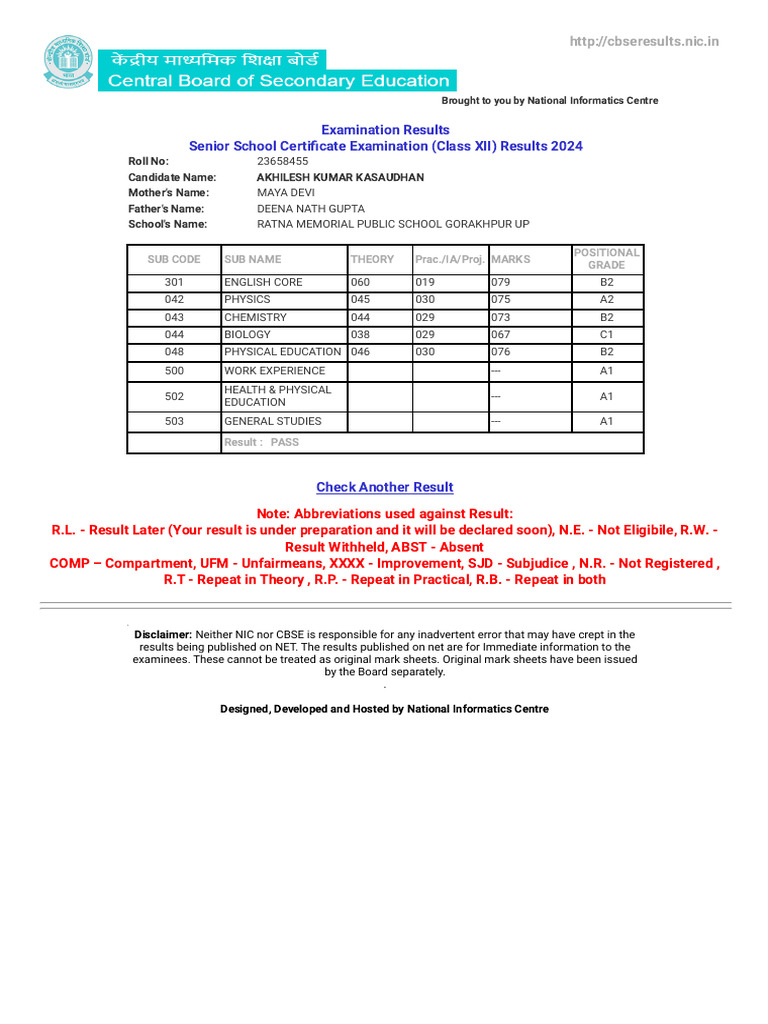 CBSE - Senior School Certificate Examination (Class XII) Results 2024 ...