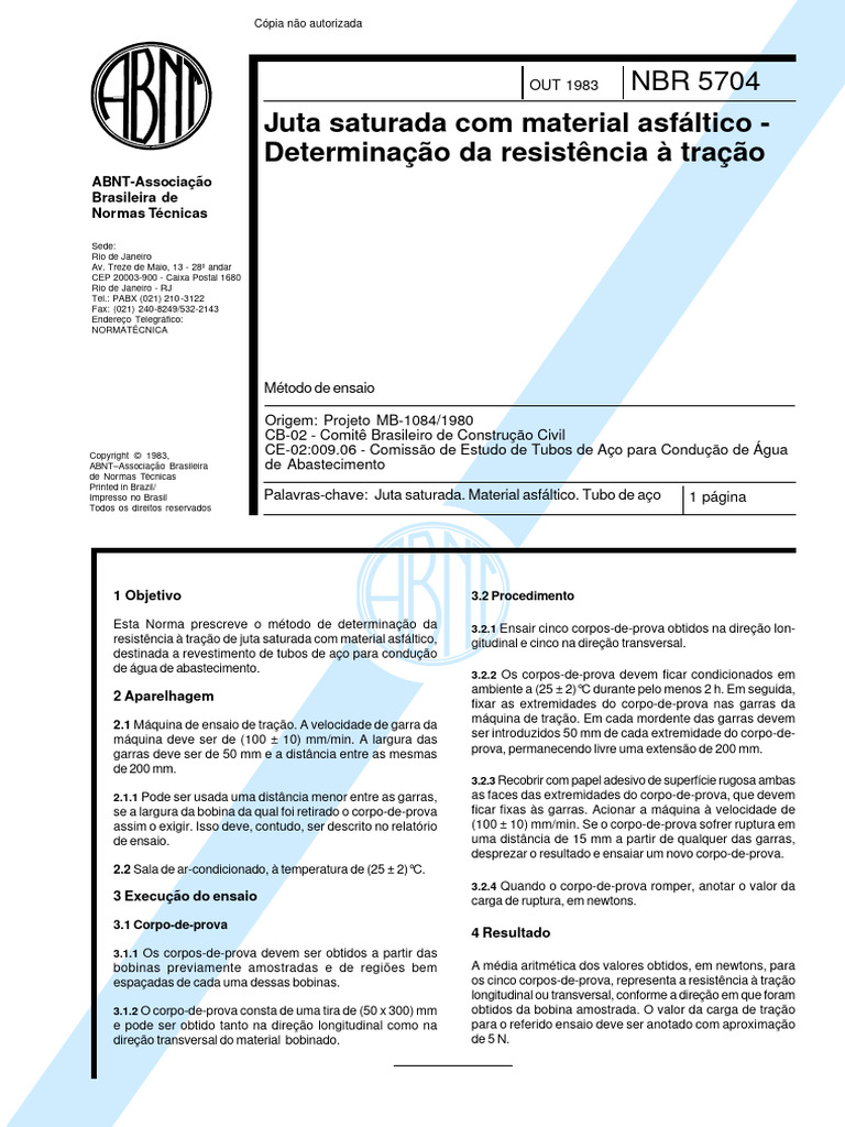 NBR 5704 - Juta Saturada Com Material Asfaltico - Determinacao Da ...