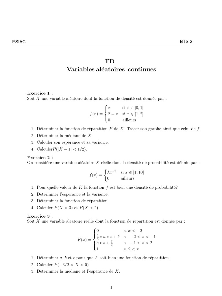 Variables aléatoires continues : exercices et solutions | PDF | Loi de ...