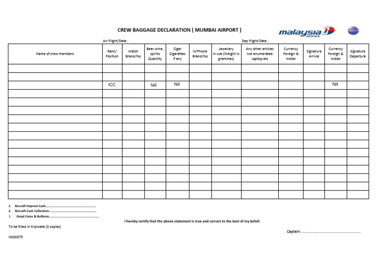 Crew Baggage Declaration Form | PDF | Currency | Aviation Accidents And ...