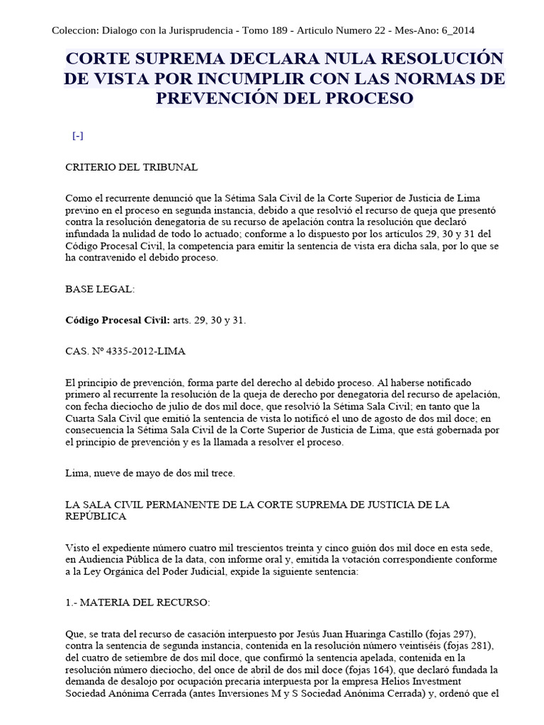 DJ 2014 189 Corte Suprema Declara Nula Resolución de Vista Por Incumplir Con Las Normas de ...