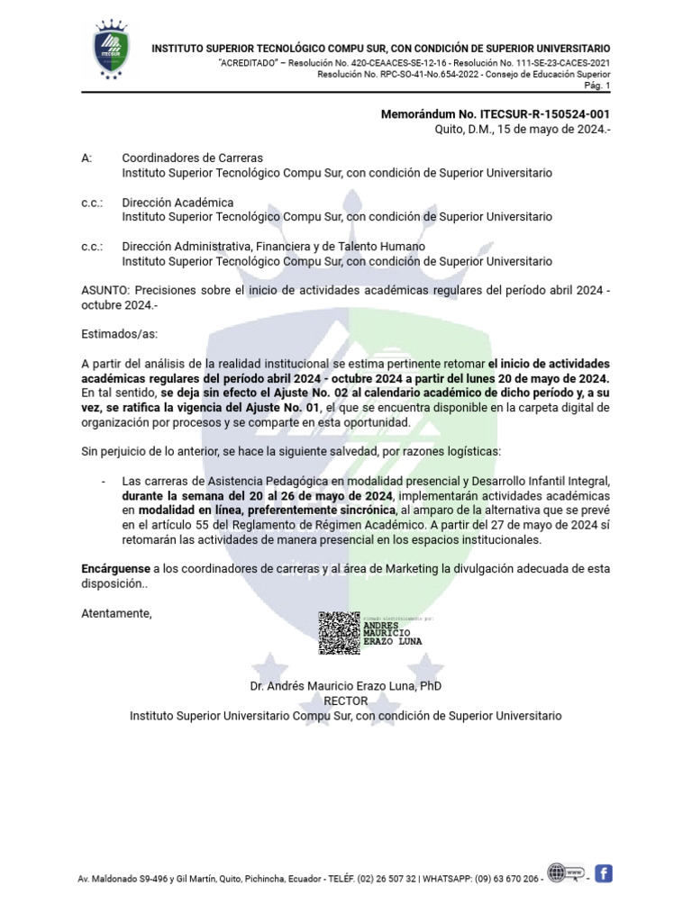 Memorándum No. ITECSUR-R-150524-001.docx - Firmado | PDF | Negocios