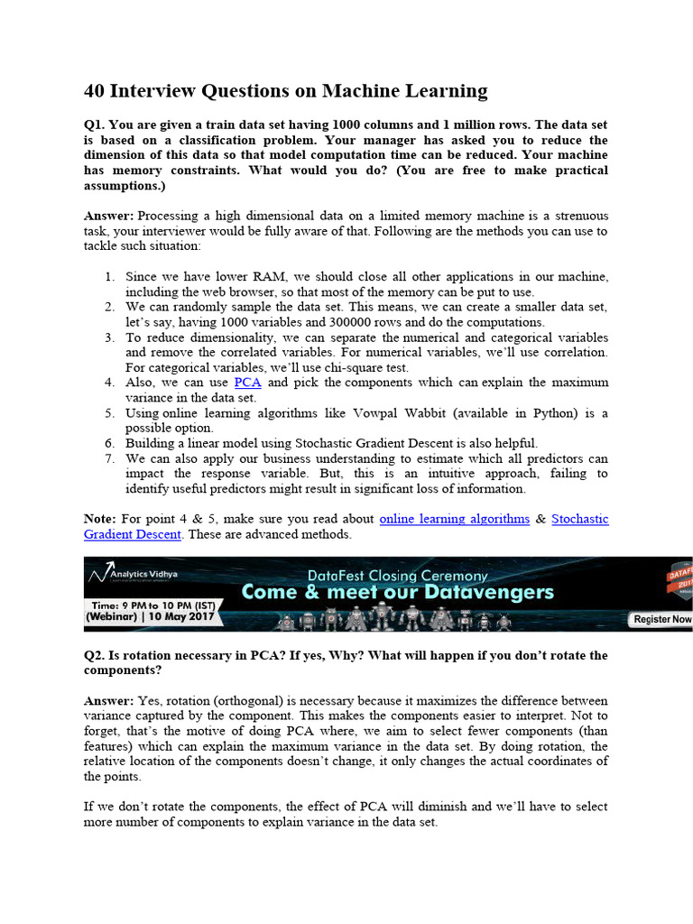 40 Interview Questions On Machine Learning From Analytics Vidhya | PDF ...