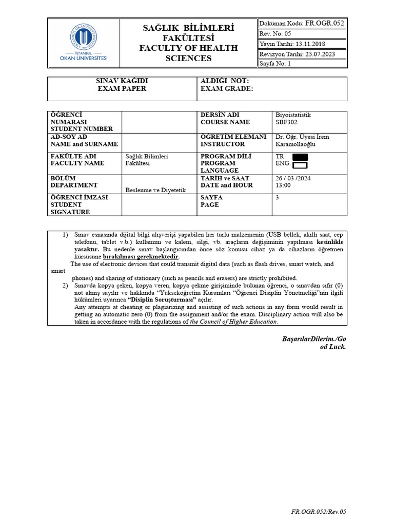 BvD-Biyoistatistik Vize Sınavı 2024 | PDF