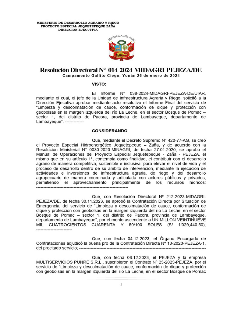 RD #014-2024 - Aprobación Informe Final Servicio Limpieza Sector Uno | PDF