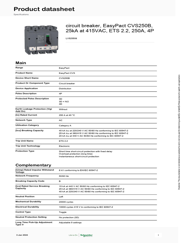Schneider Electric - EasyPact-CVS - LV525508 | PDF | Alternating Current | Power (Physics)