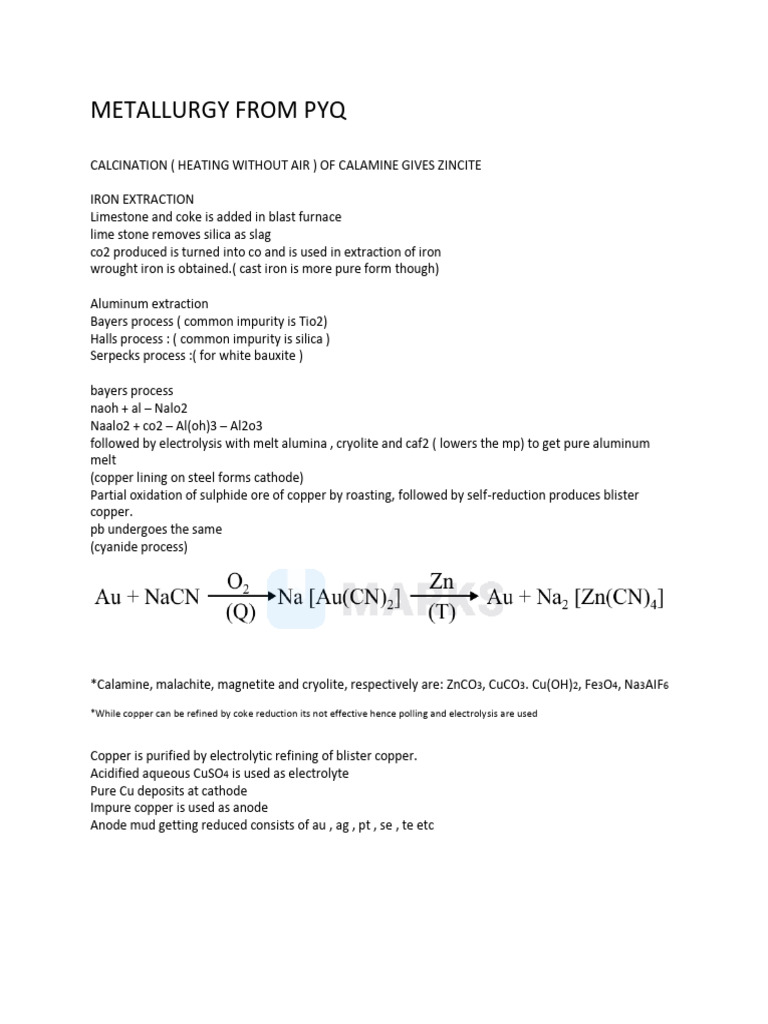 Metallurgy From Pyq | Download Free PDF | Iron | Copper
