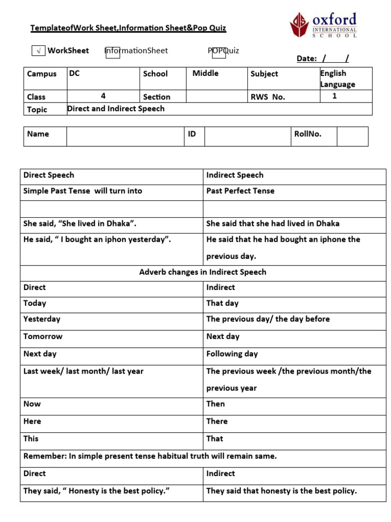 Class 4 EngLanguage RWS 1 DC | PDF | Syntax | Grammar