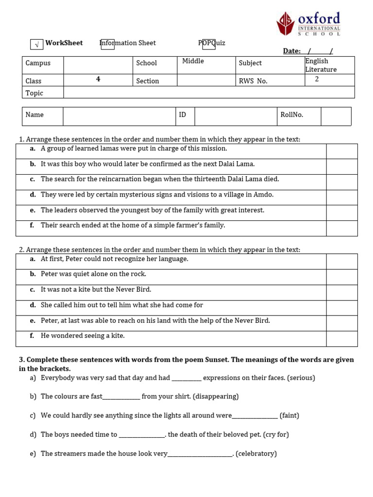 English Literature POP Quiz Worksheet | PDF