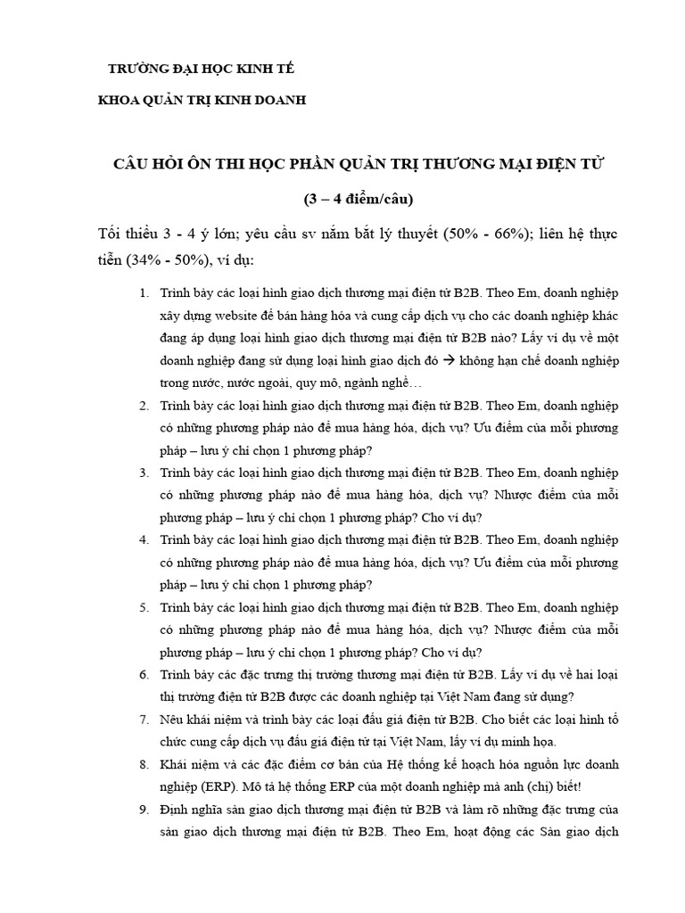 Ngân hàng câu hỏi ôn thi QT TMĐT 1 - ĐH Kinh Tế Huế | PDF