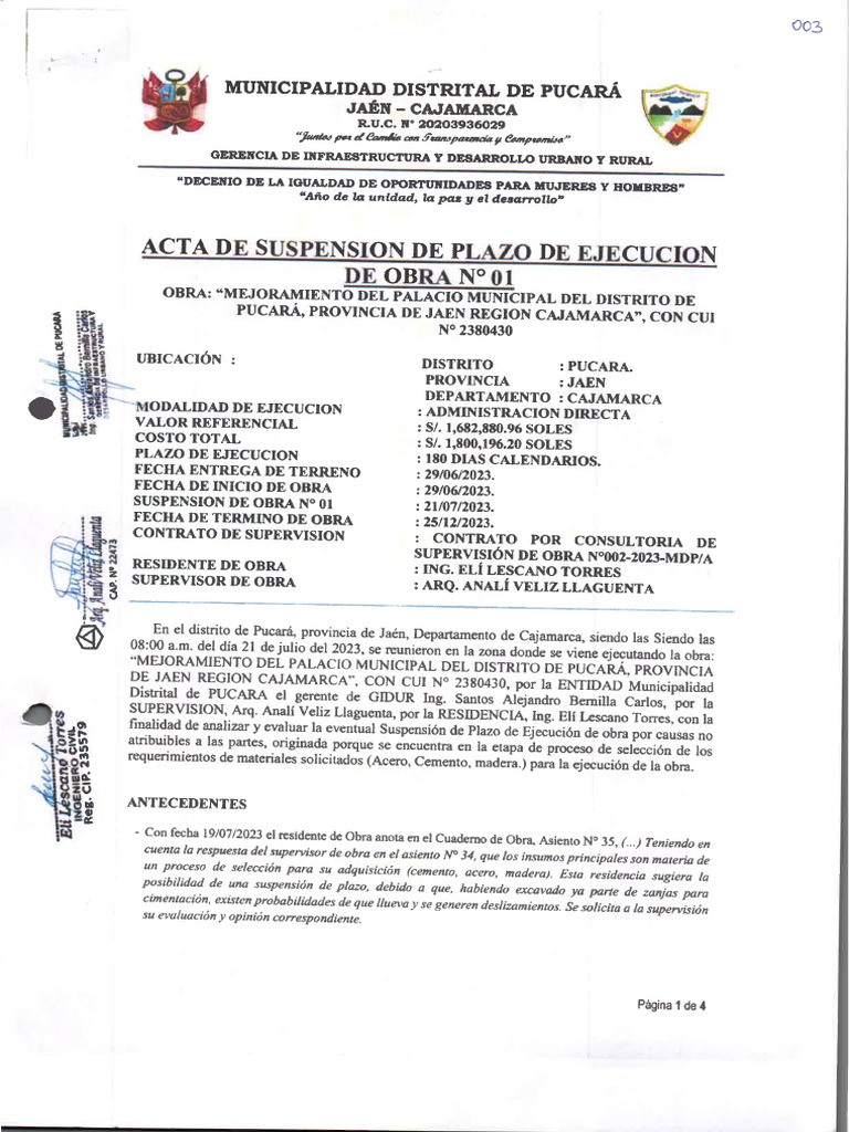ACTA DE SUSPENSION DE PLAZO N°01 - ACTA DE REINICIO N°01 | PDF