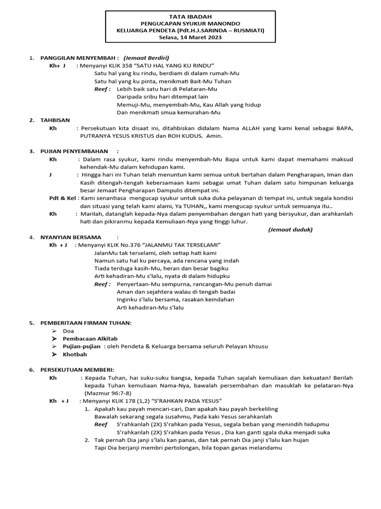Tata Ibadah Syukur Manondo Pendeta | PDF