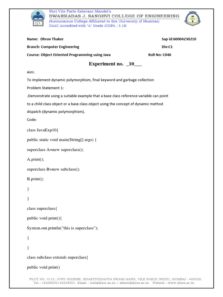 Dhruv Exp10 Pdf Inheritance Object Oriented Programming Class Computer Programming 2300