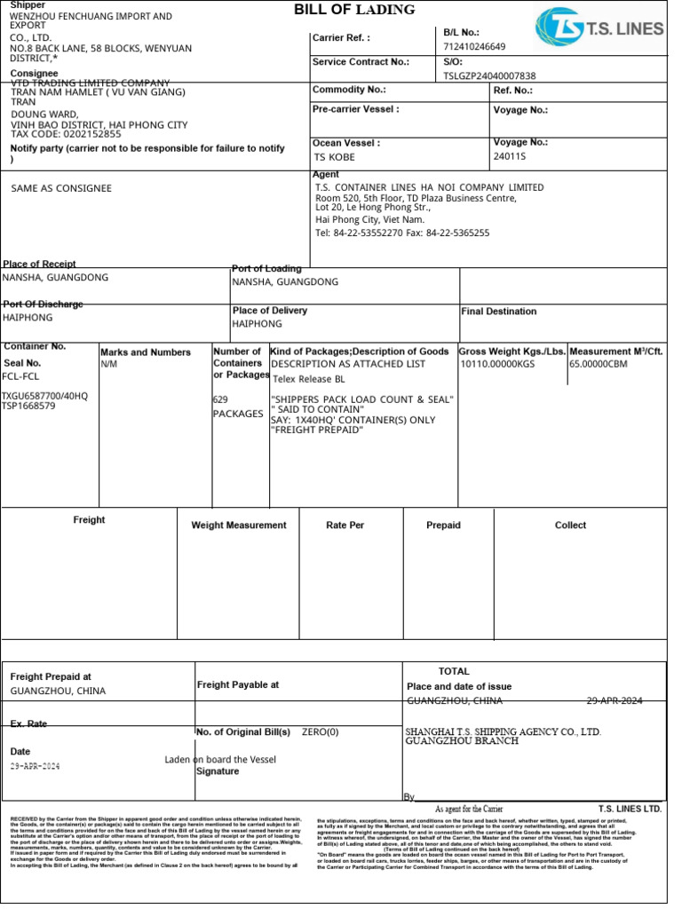Copy - 712410246649 - BL | PDF | Bill Of Lading | Cargo