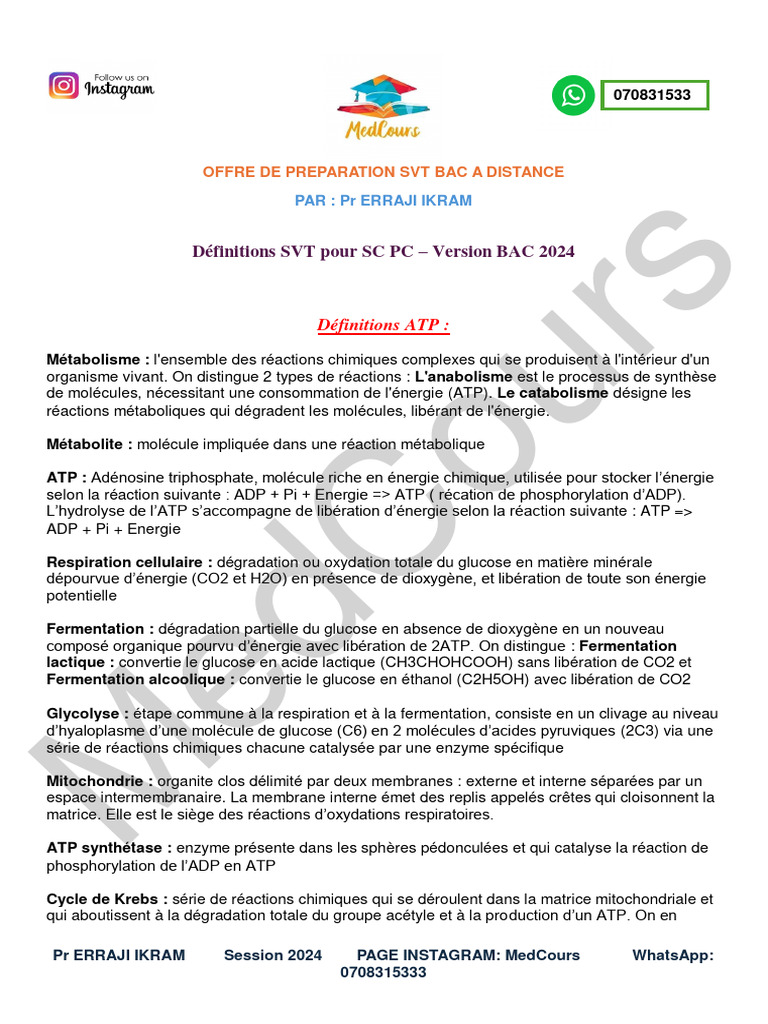 Définitions SVT pour BAC 2024 | PDF | Adénosine triphosphate | ADN